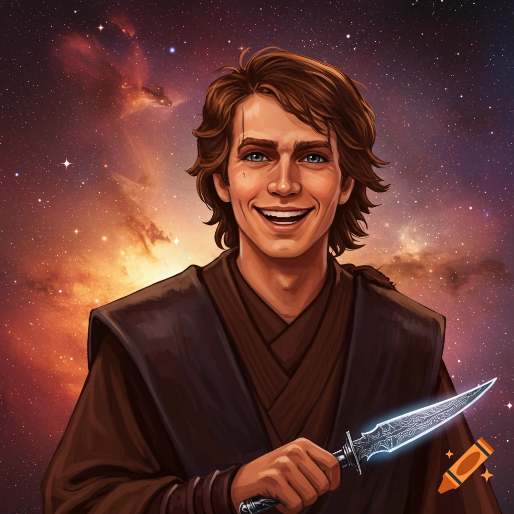 Anakin Skywalker kneels before a glowing rectangular screen displaying ...