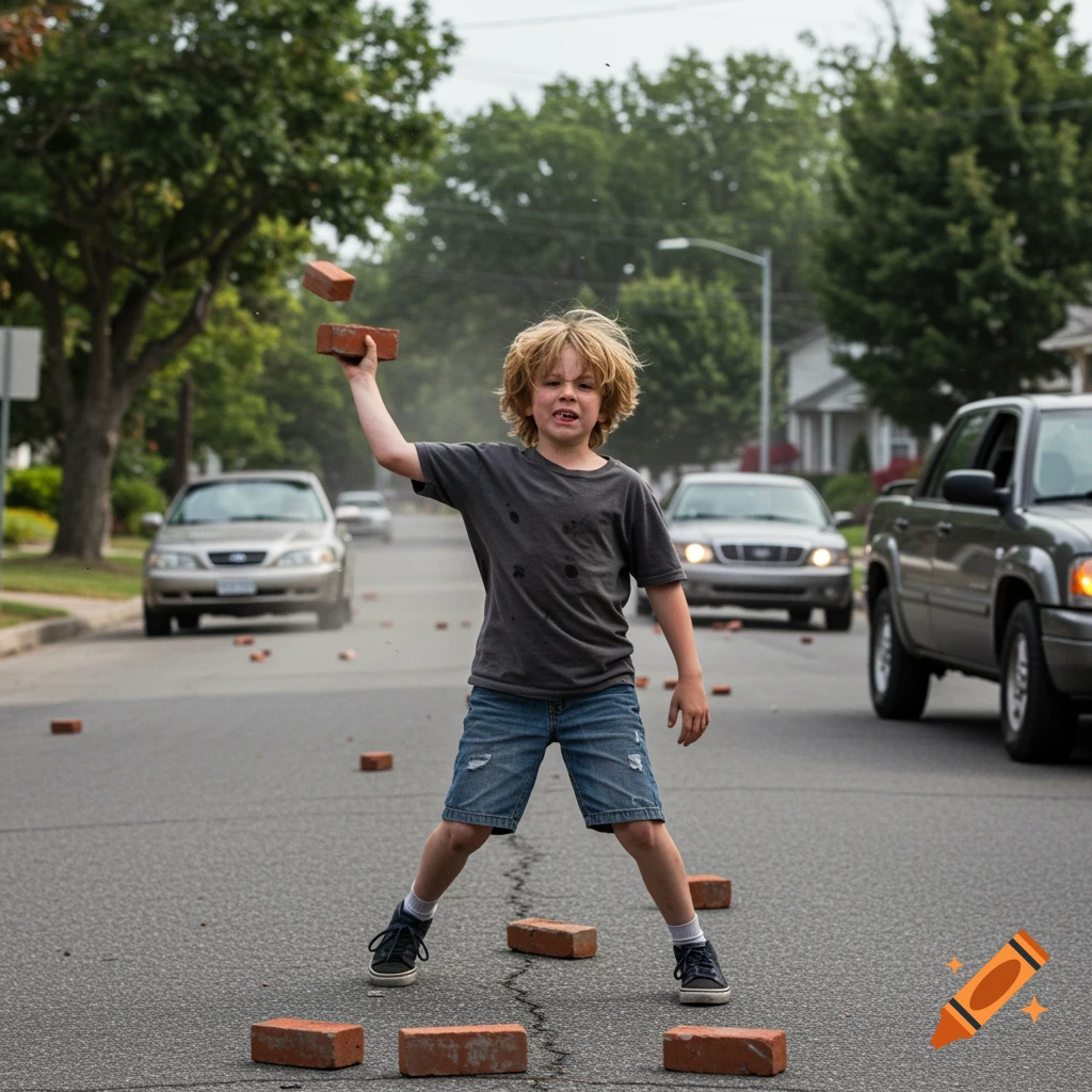 Young boy throwing bricks in the middle of a street with cars. on Craiyon