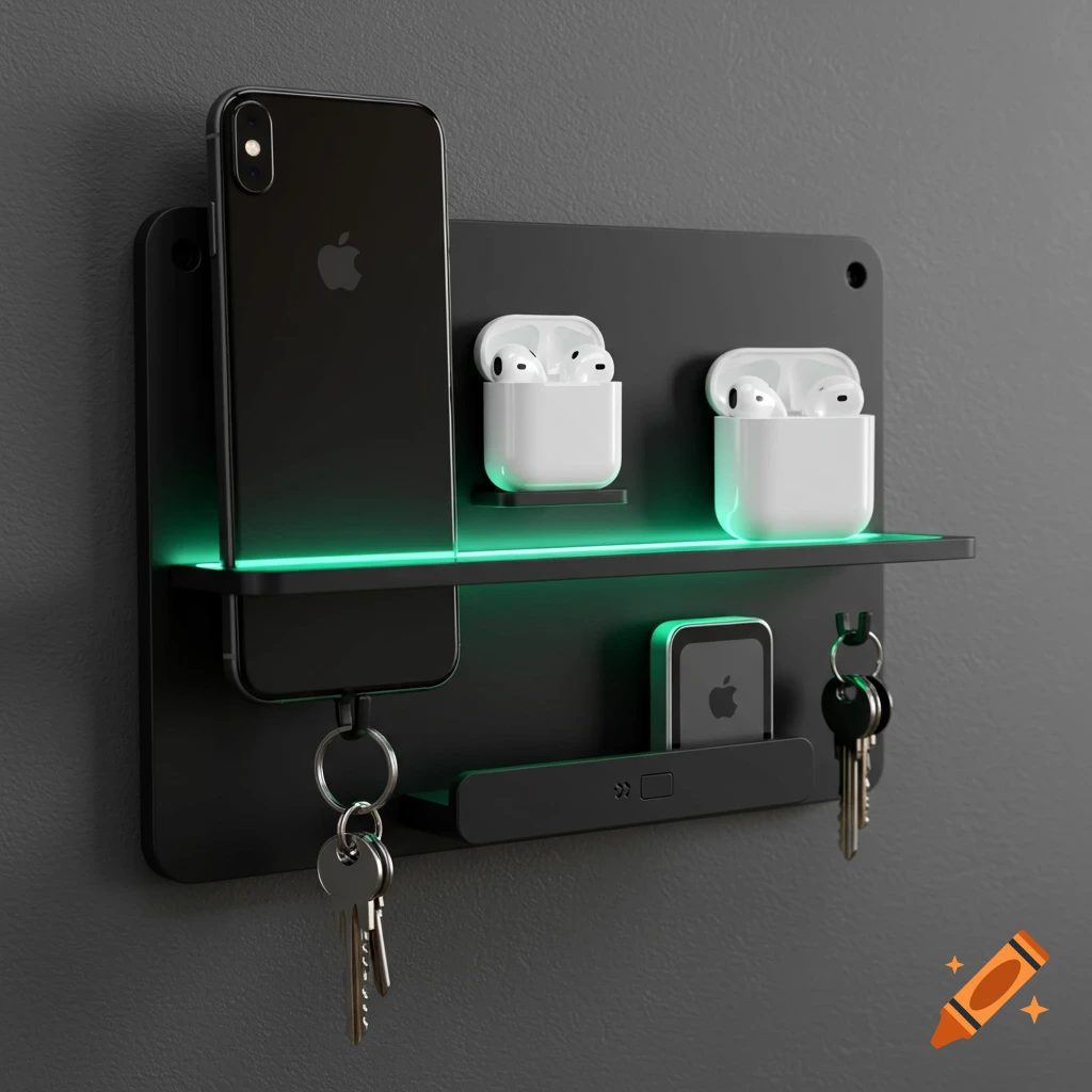 Matte black 3D printed wall organizer with LED glow on Craiyon