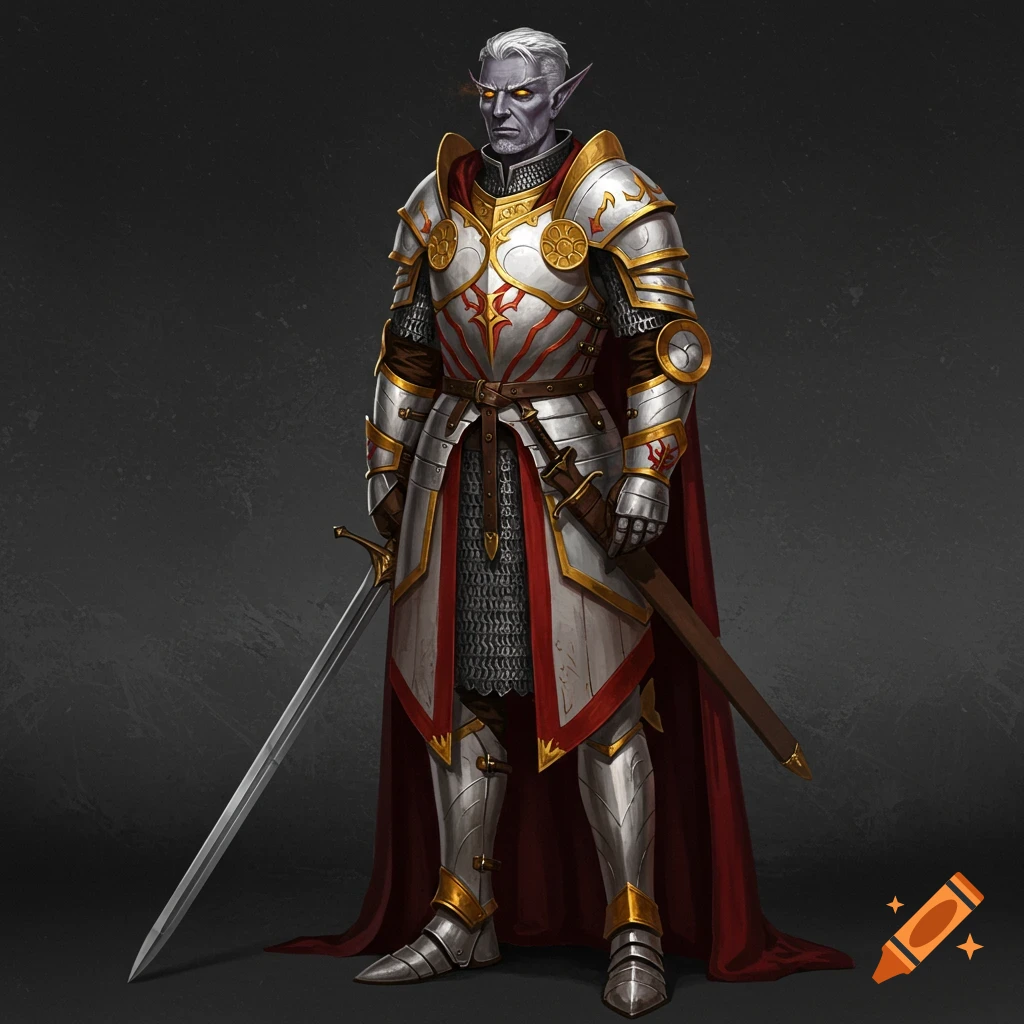 Dark elf paladin in white, gold, and red chainmail armor with sword and ...