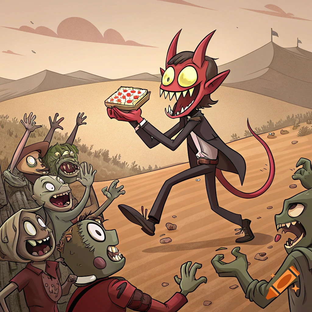 Cartoon devil in a suit holding a pizza, running from zombies in a ...