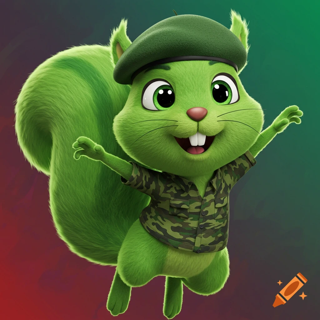 Animated green squirrel in camouflage shirt and green beret on Craiyon