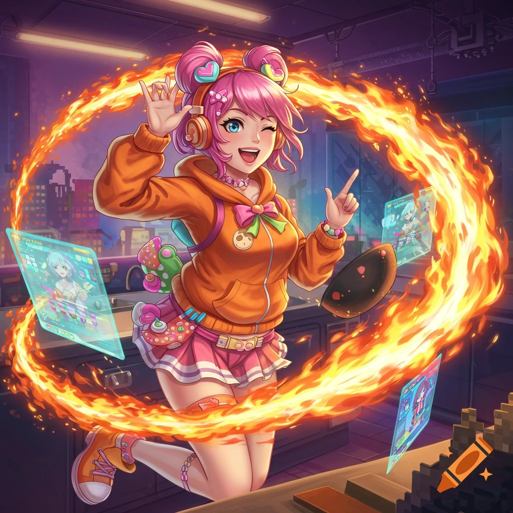 Anime girl streamer surrounded by flames, cooking with futuristic ...