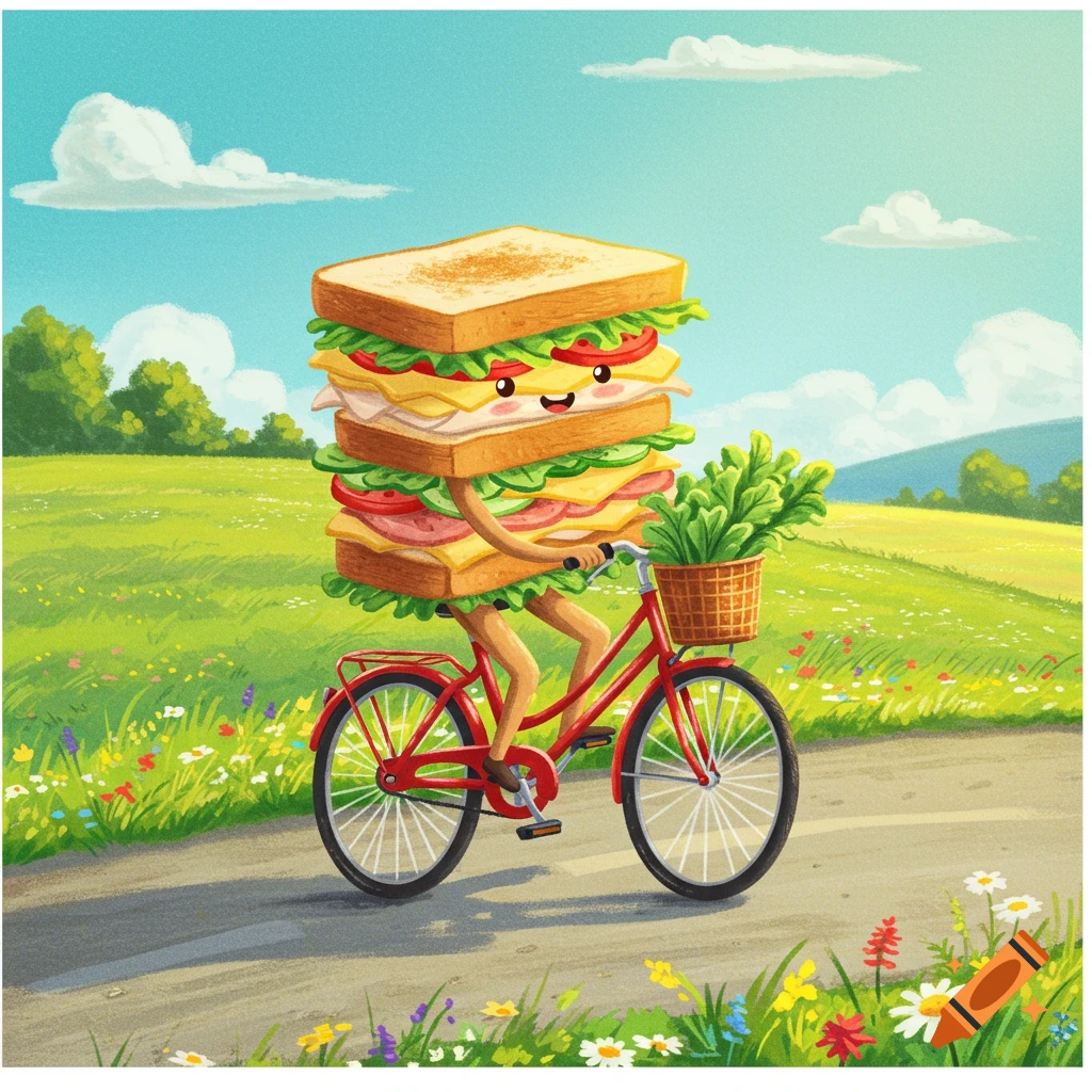 A cartoon sandwich with a face and legs rides a red bicycle through a ...