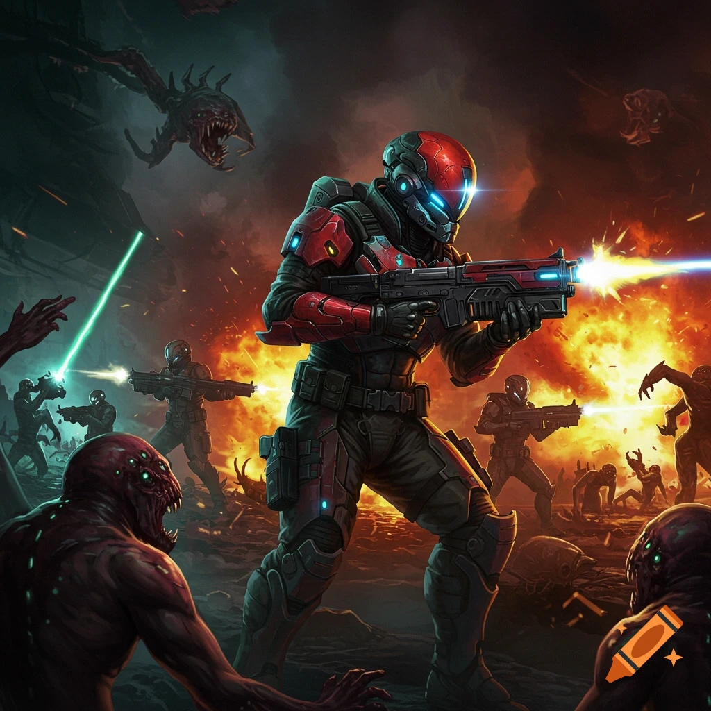 A soldier in red and black power armor shoots aliens on a chaotic ...
