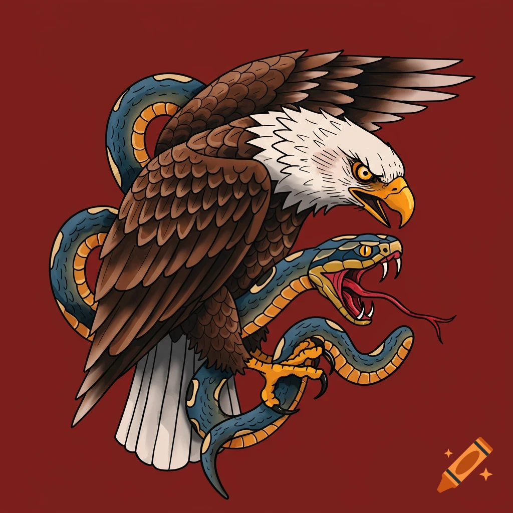 Traditional tattoo style illustration of a bald eagle and a snake on ...
