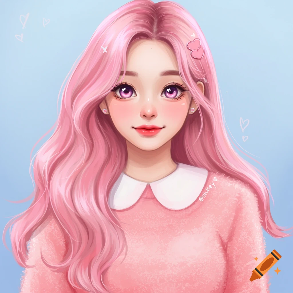 A cute anime girl with long pink hair, purple eyes, and a pink sweater ...