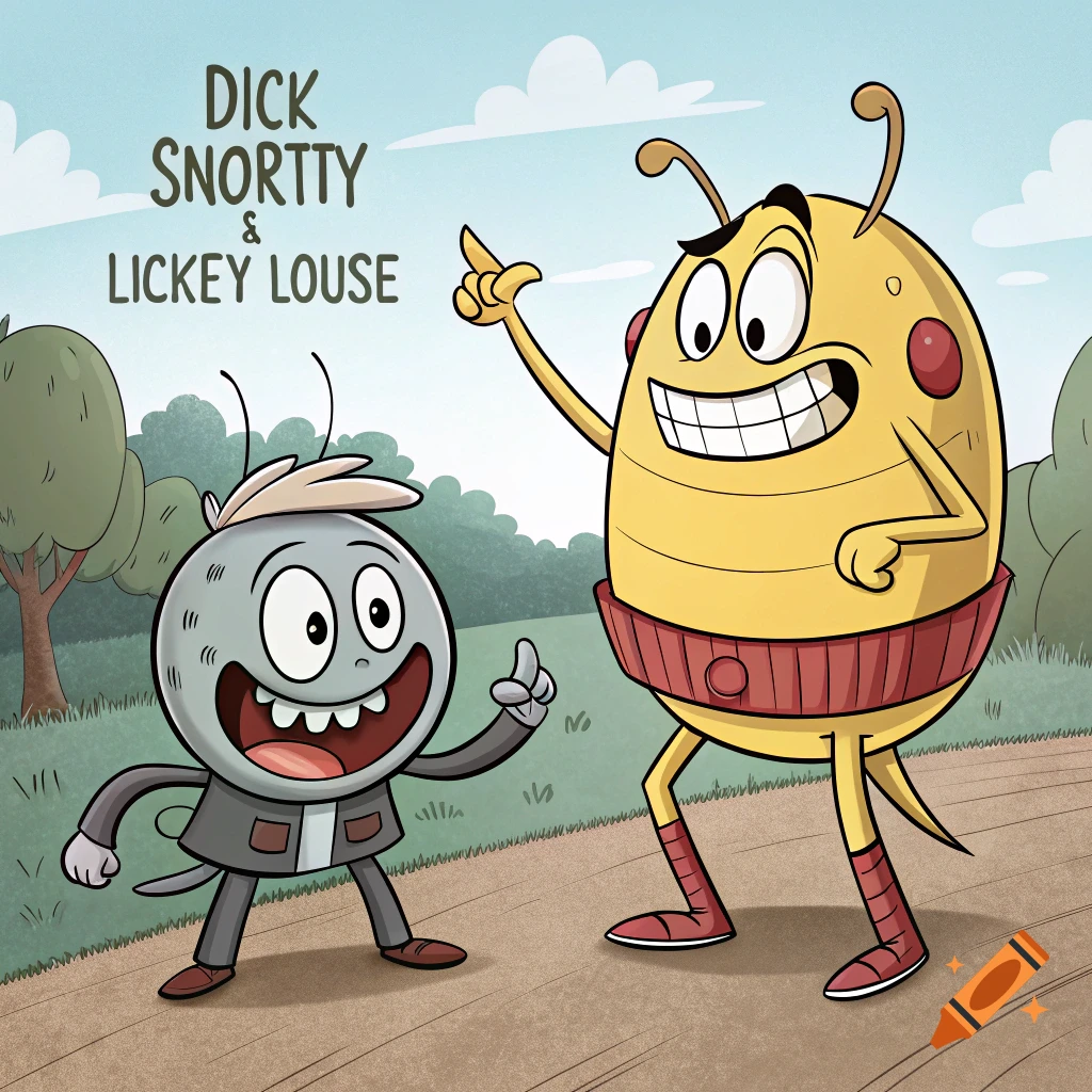 Cartoon characters Dick and Snorty confronting Lickey Louse on Craiyon