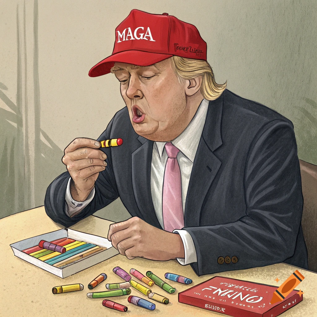 Illustration of Donald Trump in a MAGA hat eating a crayon at a table ...