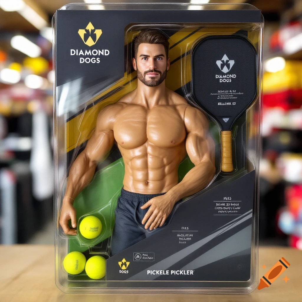Photorealistic action figure of a muscular man in toy packaging with a ...
