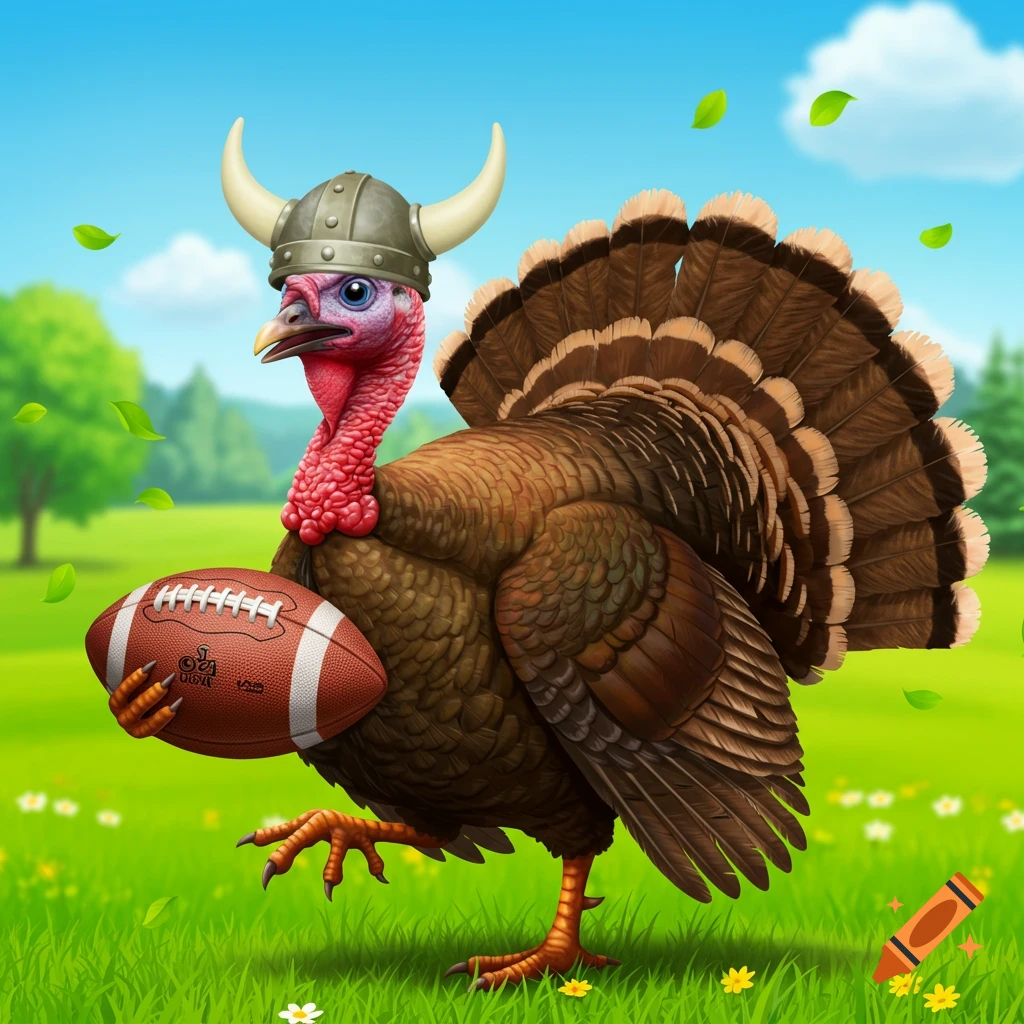 A comical turkey wearing a Viking helmet carries an American football ...