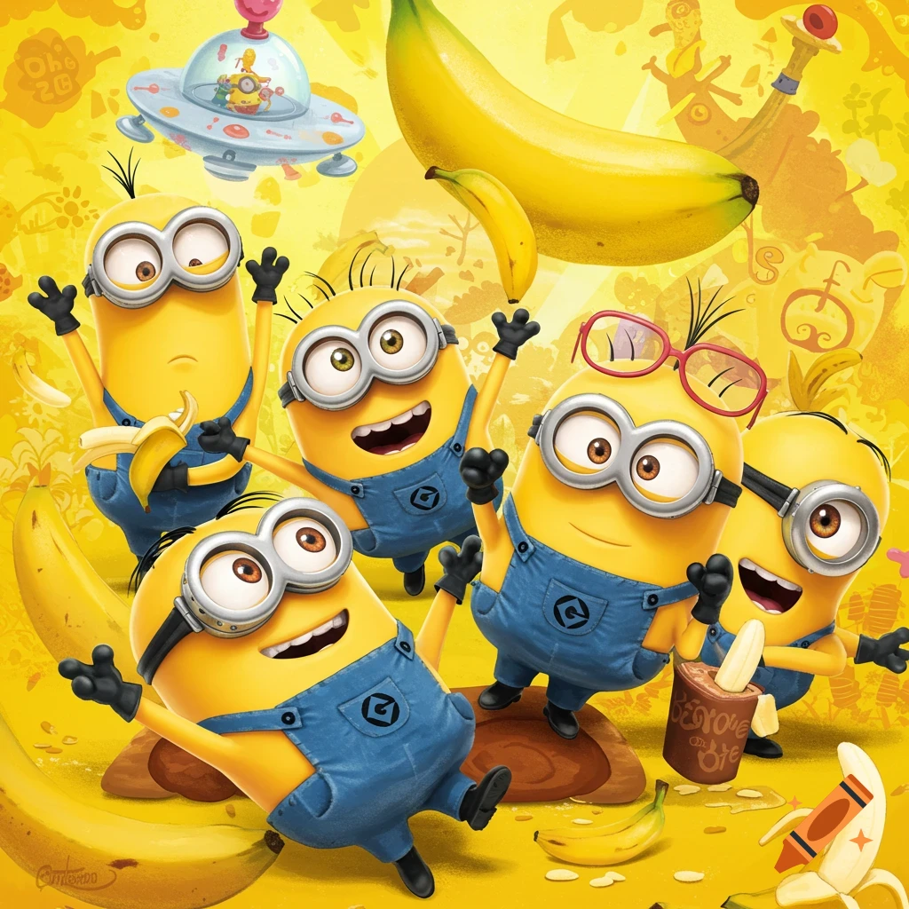 Funny Minions surrounded by bananas, some holding bananas or a cup on ...