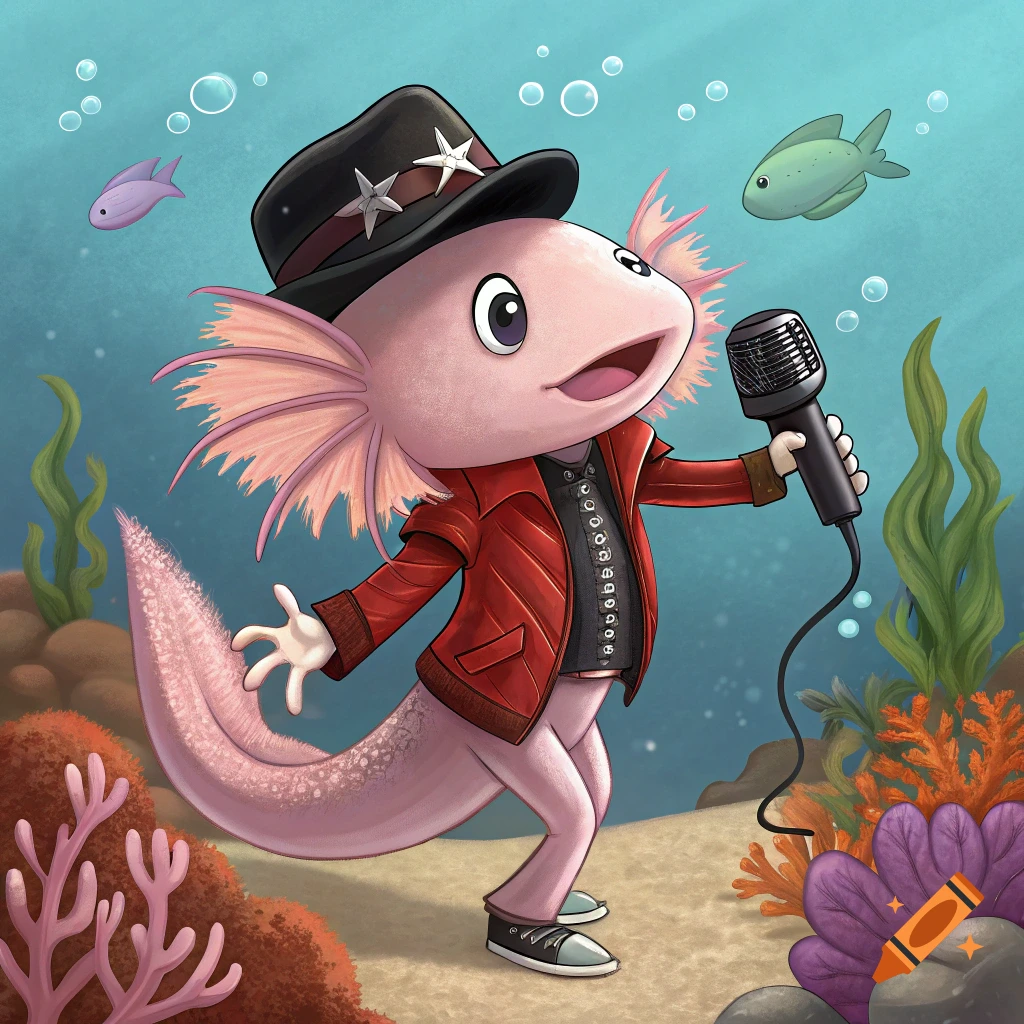 Cartoon axolotl in a hat and red jacket singing into a microphone ...