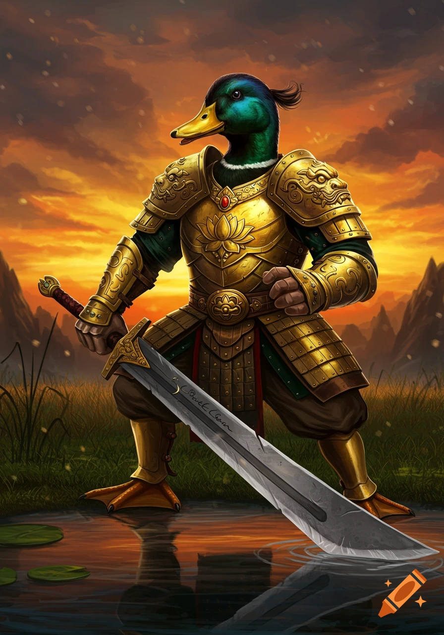 A realistic mallard duck in ornate medieval armor holds a sword in a ...