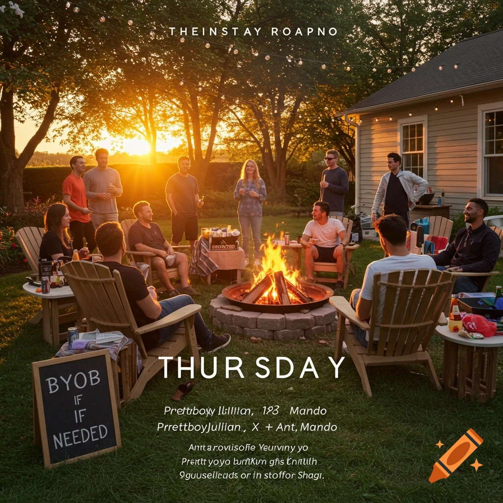 Backyard bonfire party invitation with drinks, 18+ event on Craiyon
