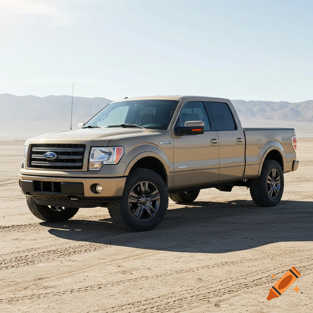 A desert tan Ford F-150 truck parked in a desert landscape. on Craiyon