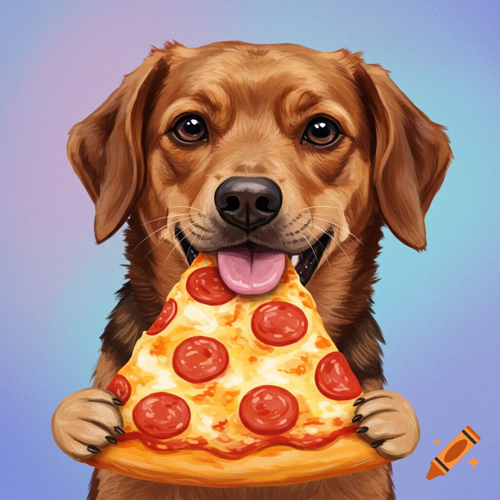 A cute brown dog holding a slice of pepperoni pizza on Craiyon