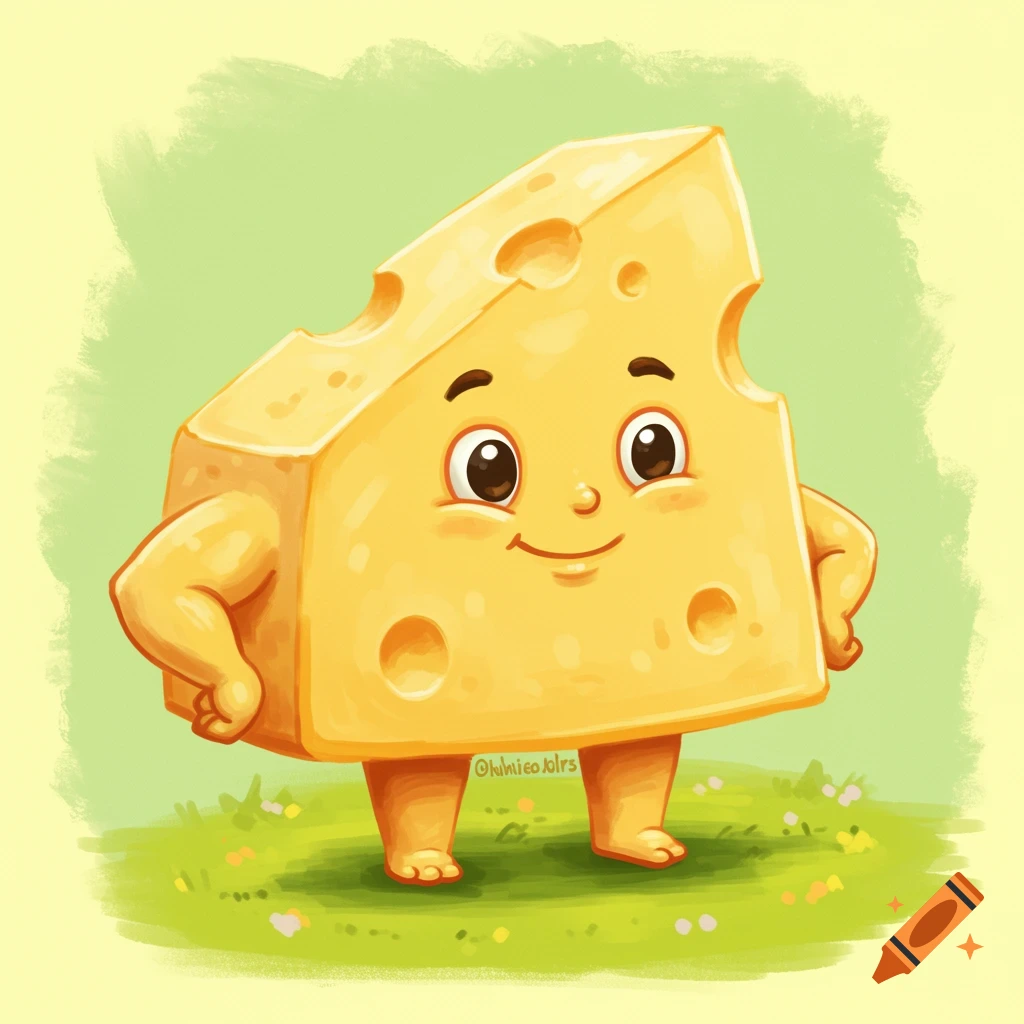 A happy cartoon cheese character standing in a meadow. on Craiyon