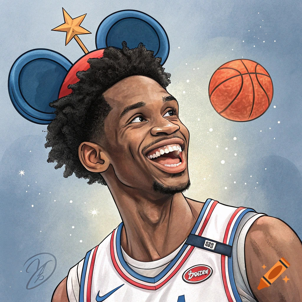 Illustration of a smiling basketball player wearing large novelty ears ...