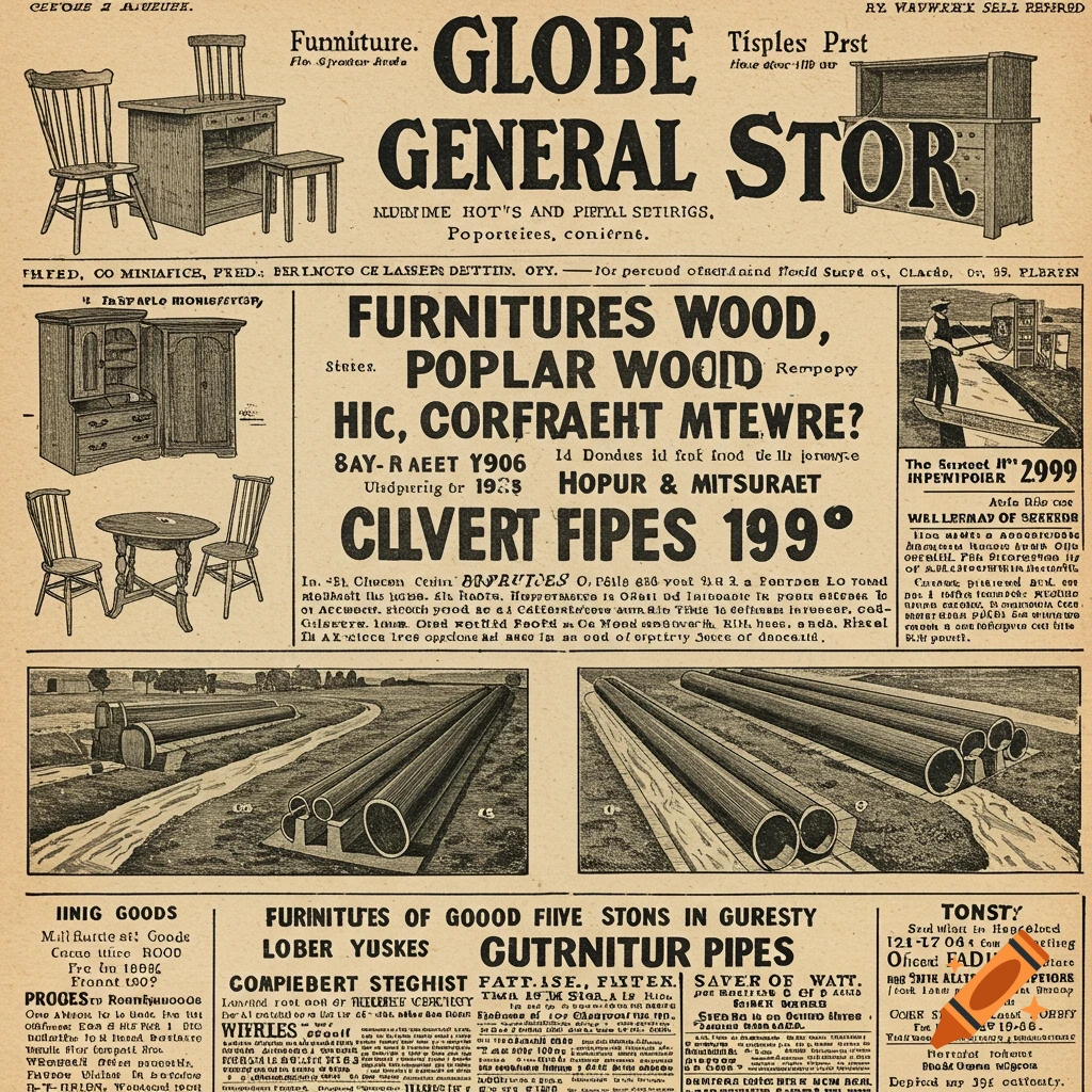 Old newspaper advertisement for Globe General Store featuring furniture ...