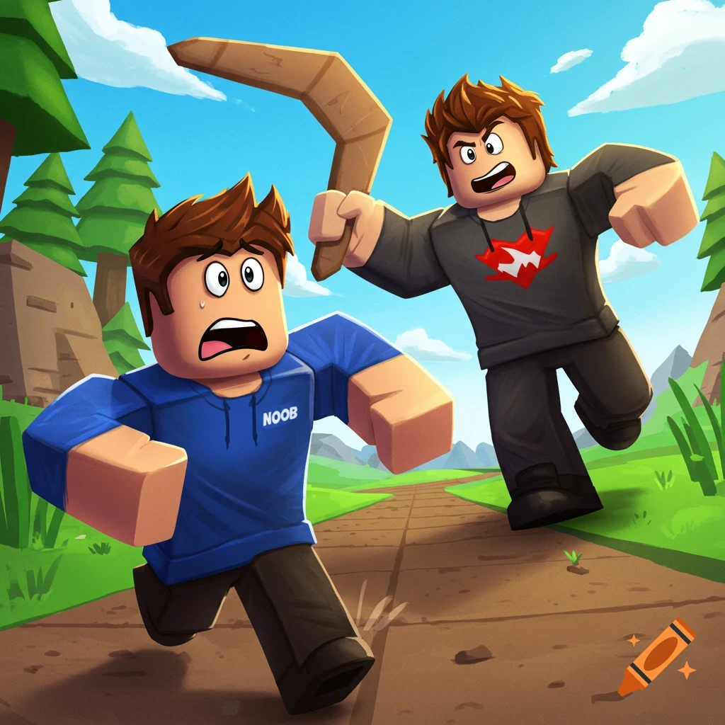Roblox noob running from Roblox pro with boomerang on Craiyon