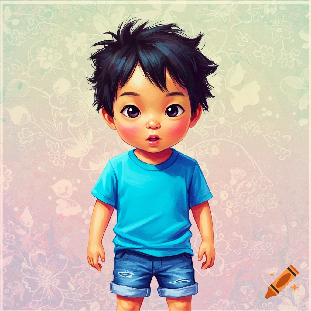A vibrant digital illustration of a young Asian boy wearing a blue t ...