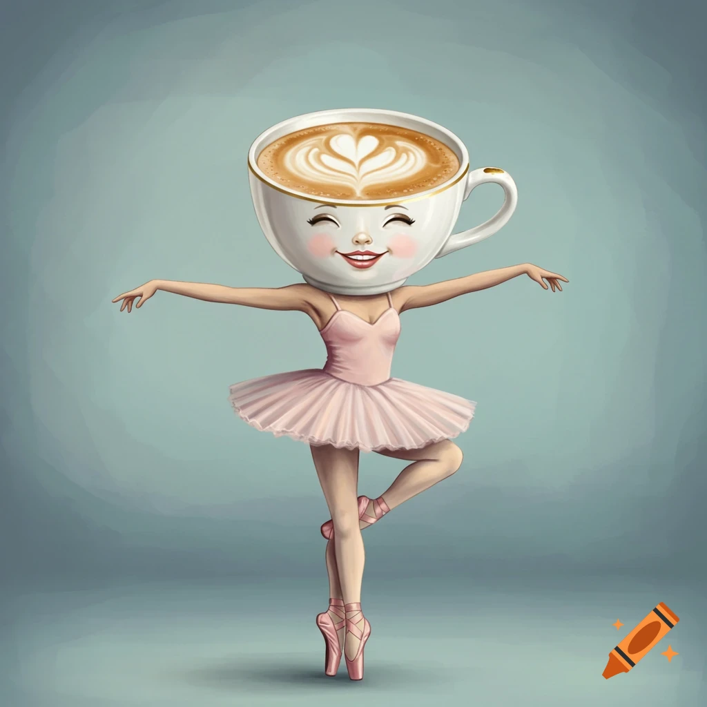 Painting of a ballerina with a coffee cup head doing a ballet pose. on Craiyon