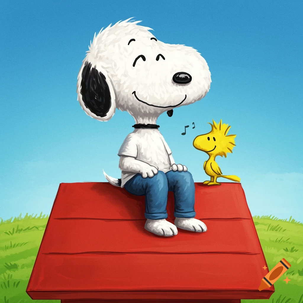 Cartoon of human-like Snoopy and Woodstock sitting on a red doghouse in ...