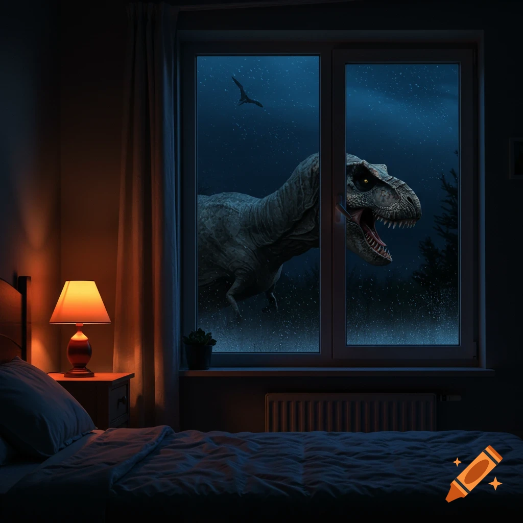 Tyrannosaurus Rex looking through window at night on Craiyon