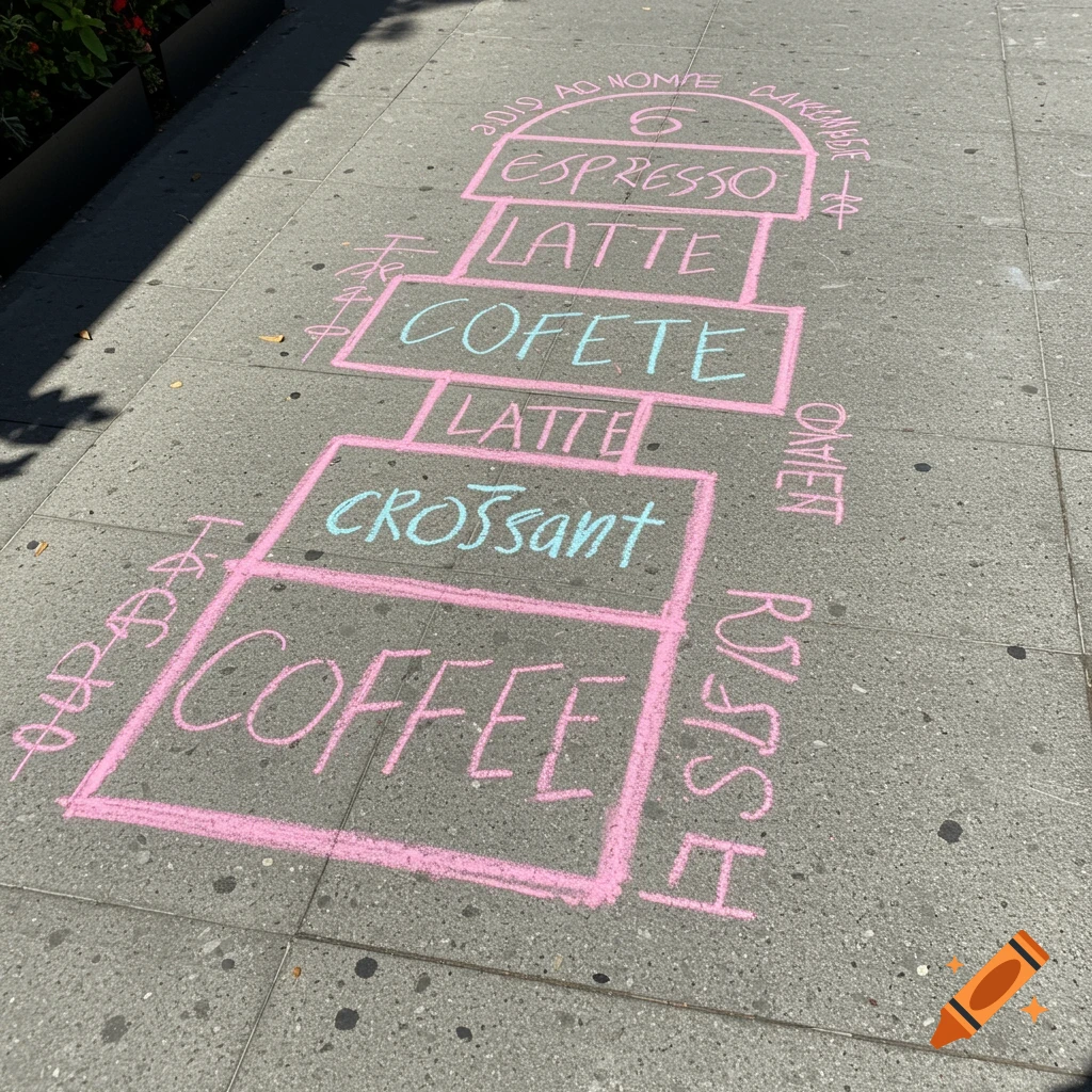 Chalk art on sidewalk featuring cafe phrases and hopscotch on Craiyon