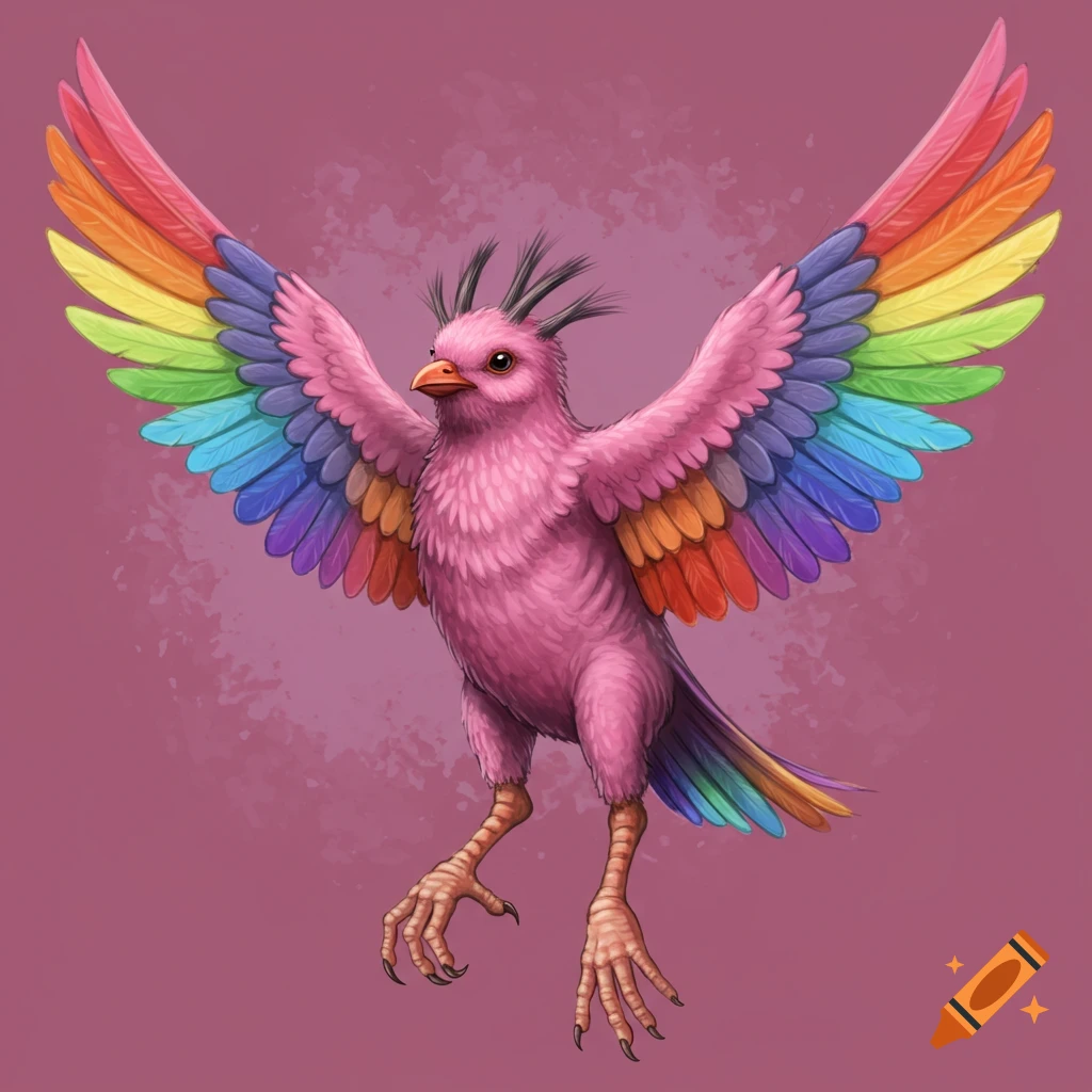 Rainbow winged, featherless pink bird with human hands on Craiyon