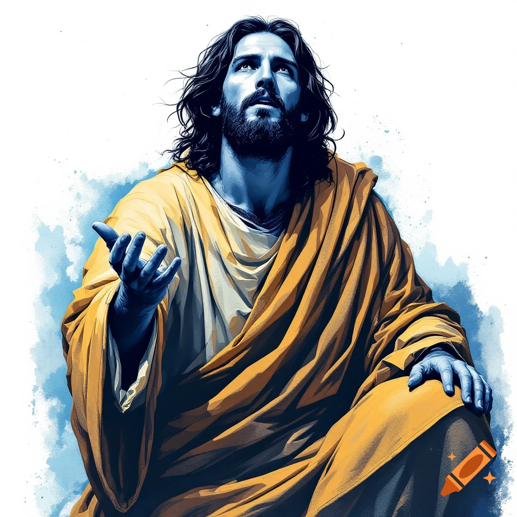 A stylized image of Jesus looking up with one hand extended, wearing a ...