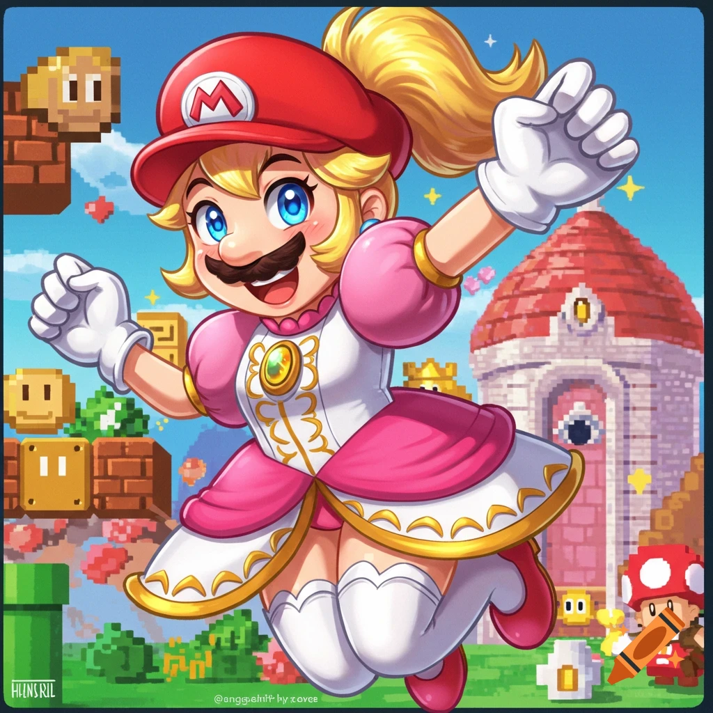 Female Mario character in pink dress and mustache jumping in a ...