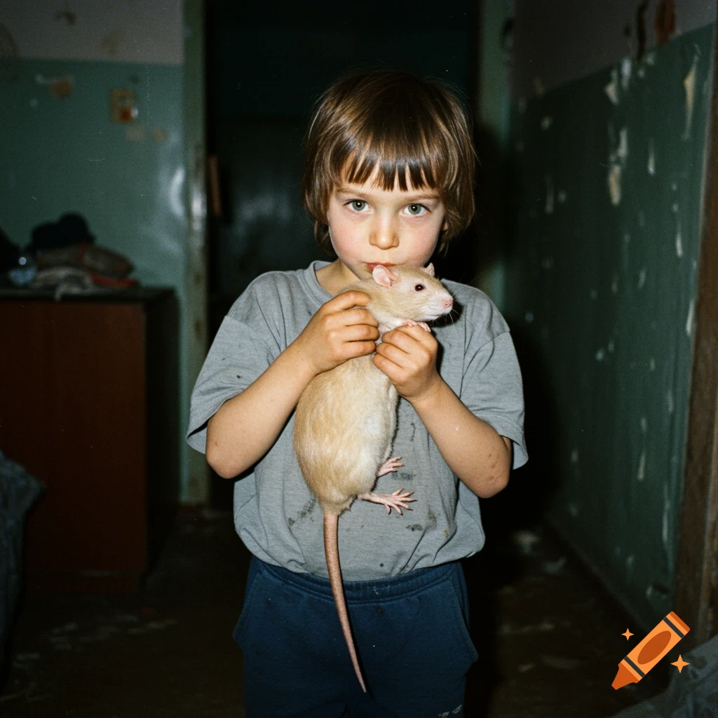 Russian boy kissing a rat in orphanage, 90s Kodak photo on Craiyon