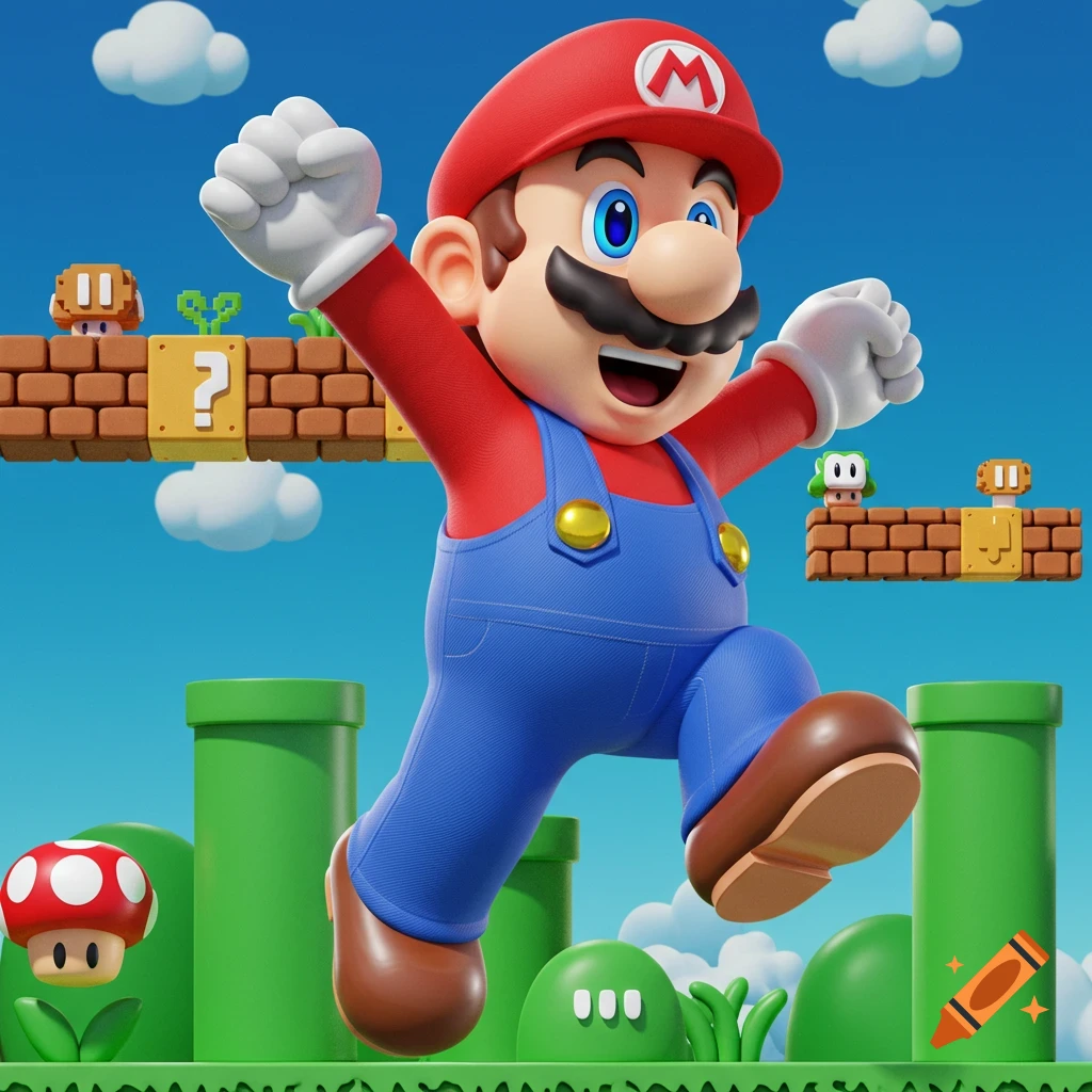 3d Render of Mario Jumping in a Classic Super Mario Bros Level With ...