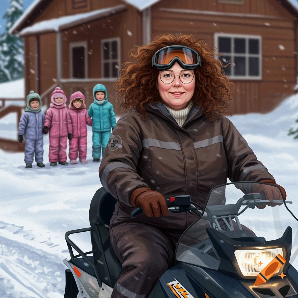 Woman and kids snowmobiling in a snowy landscape on Craiyon