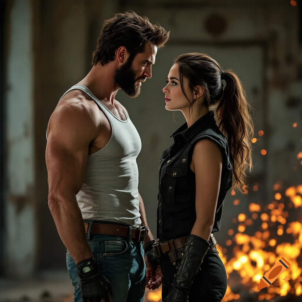 A muscular man and a woman stare intensely at each other in a fiery ...
