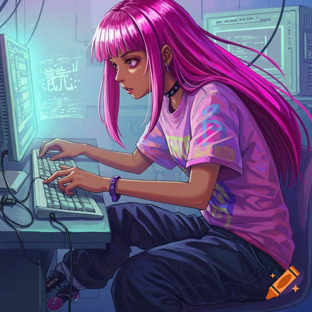 Japanese computer nerd teenage girl with dark skin and pink hair on Craiyon