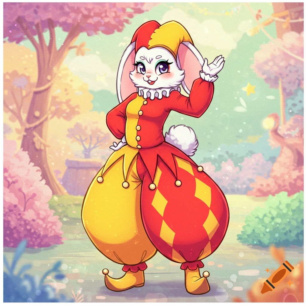 Rabbit girl in jester pants, cartoon style on Craiyon