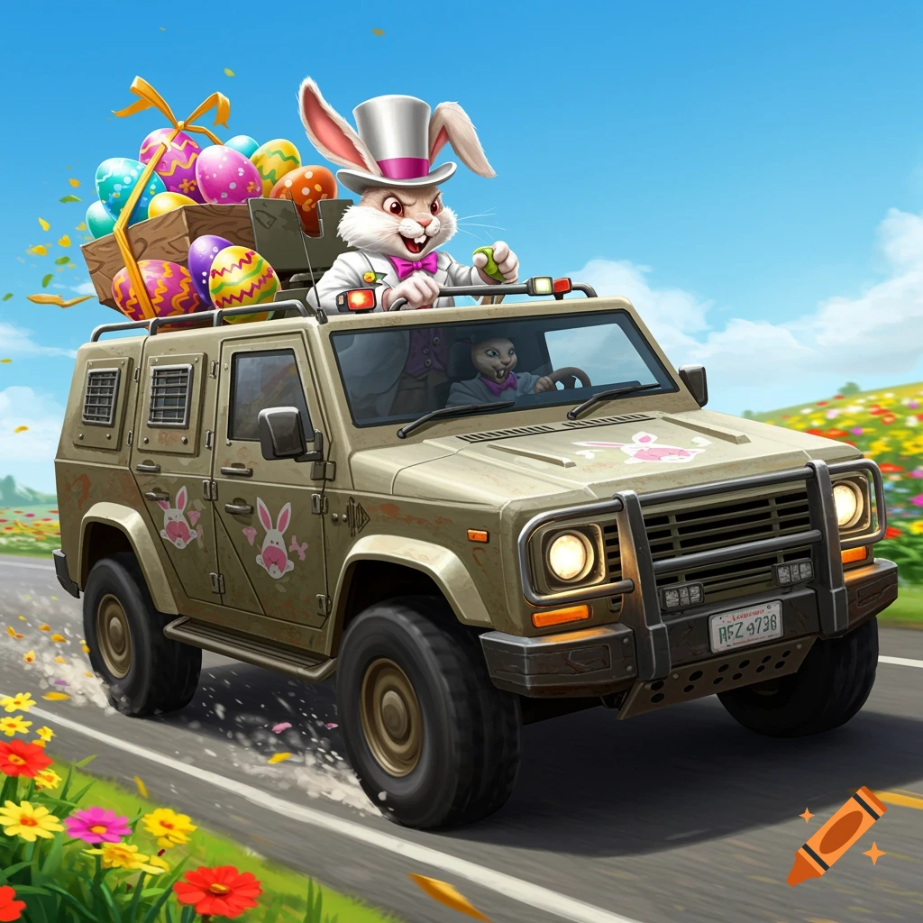 Easter Bunny driving an armored van full of Easter eggs on Craiyon