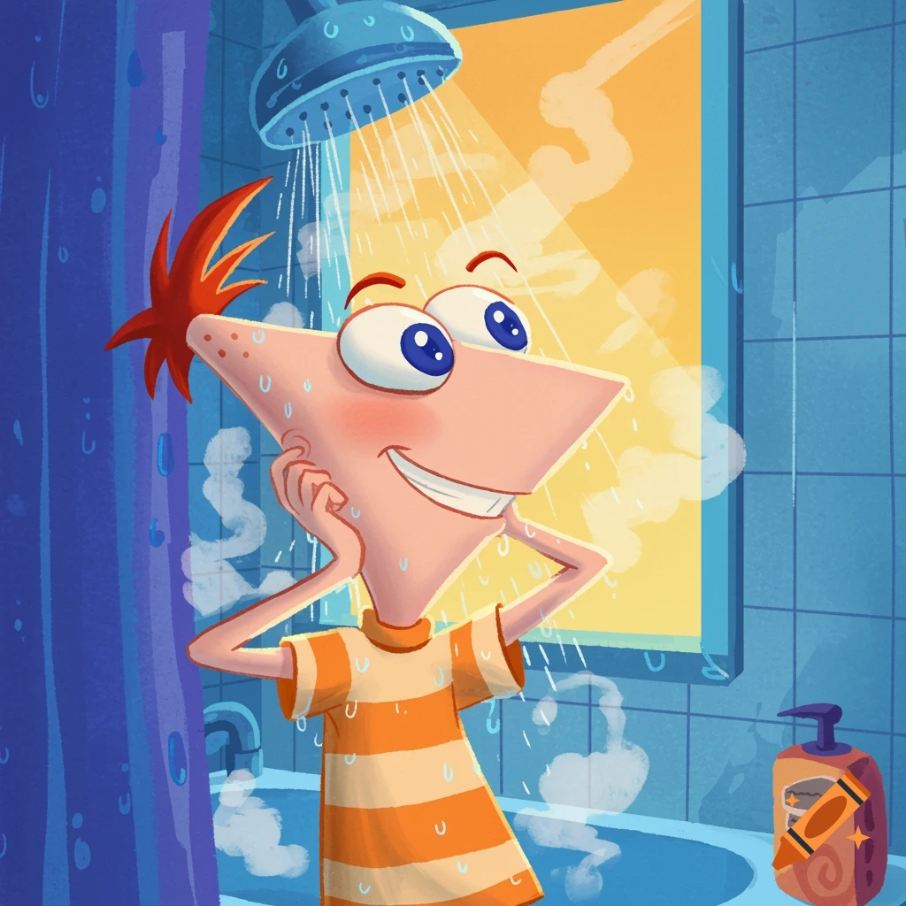 Phineas (Phineas and Ferb) taking a hot shower in the morning on Craiyon