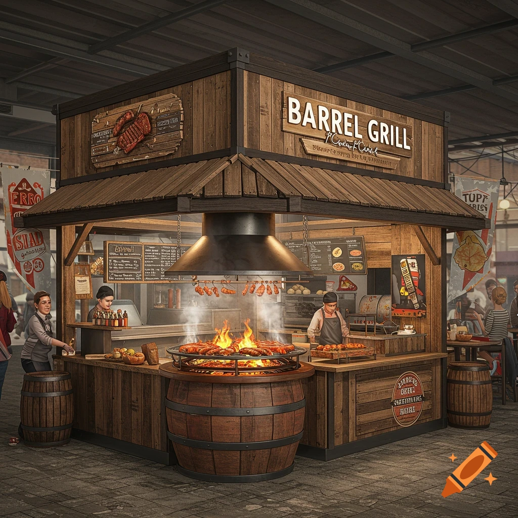 Illustration of a rustic food kiosk with a large barrel grill cooking ...