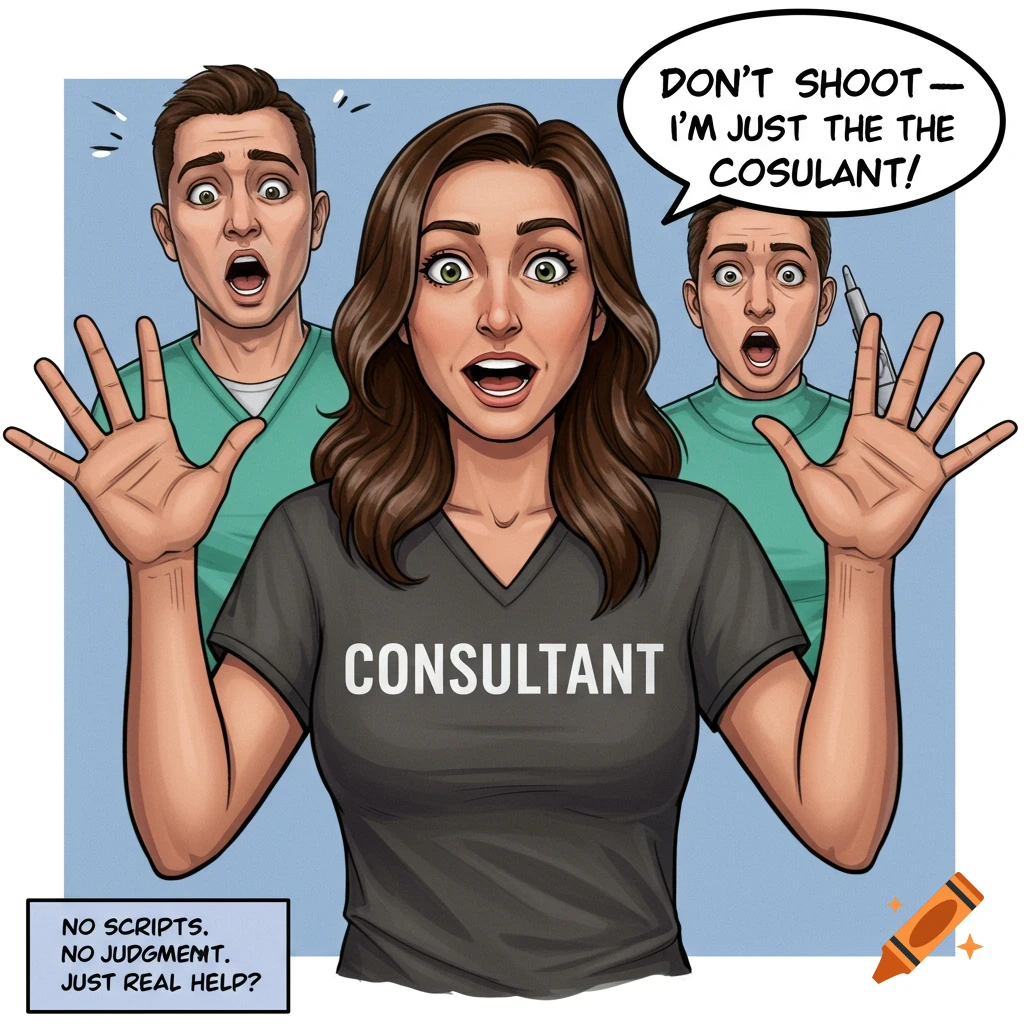 Dental consultant with hands up, surrounded by a scared team, shirt ...