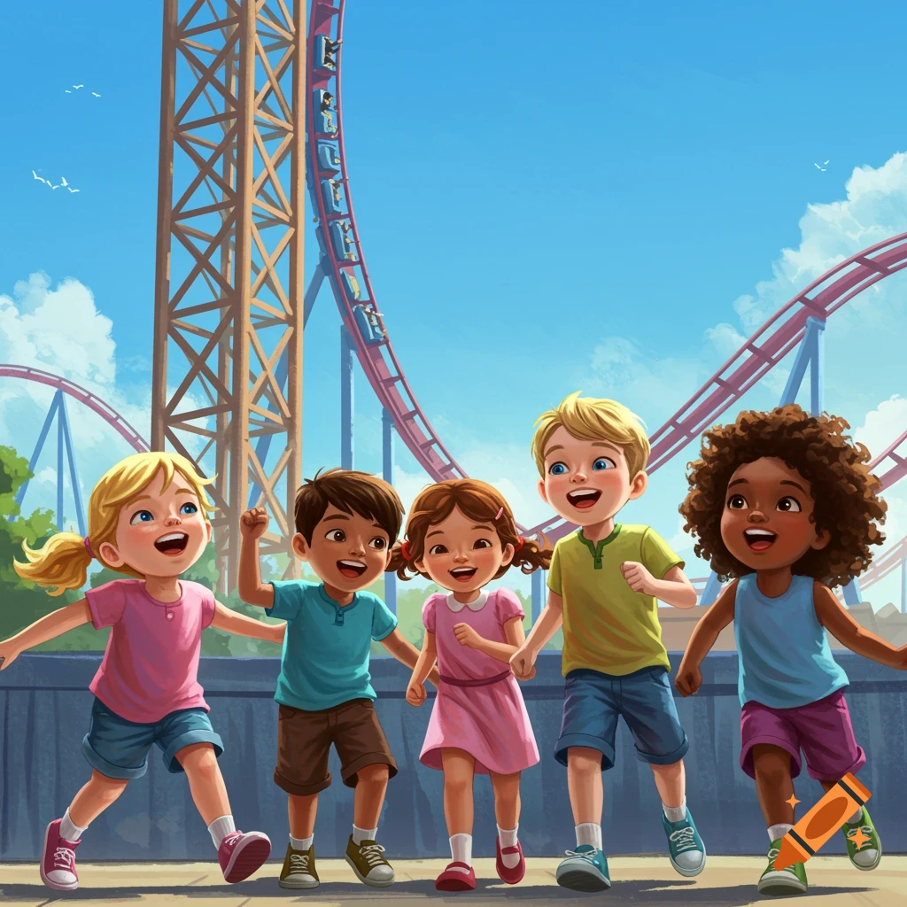 Five happy diverse children running at an amusement park with a rollercoaster in the background ...
