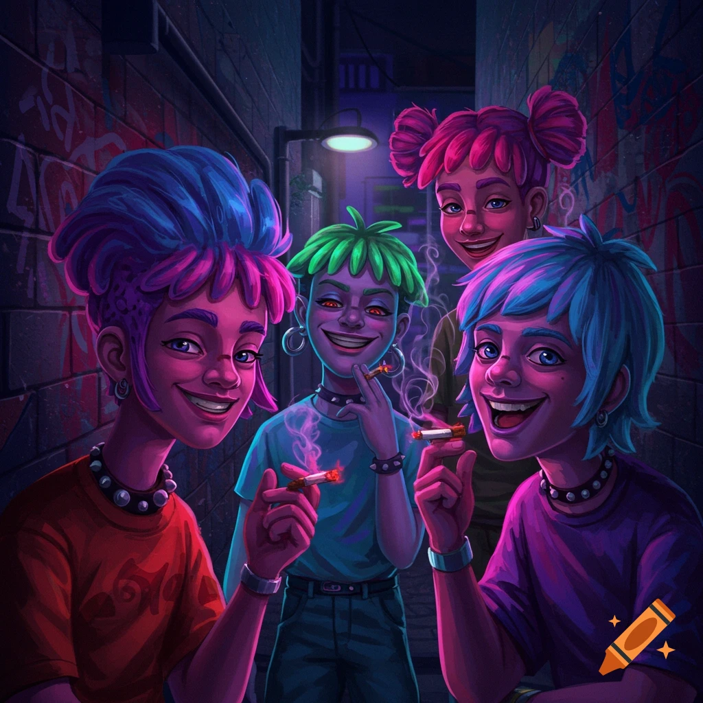 Four colorful punk characters smoking in a graffiti-covered alleyway on ...