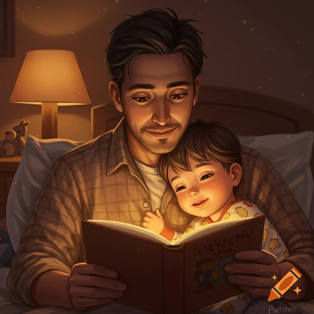 A father reading to his son on Craiyon