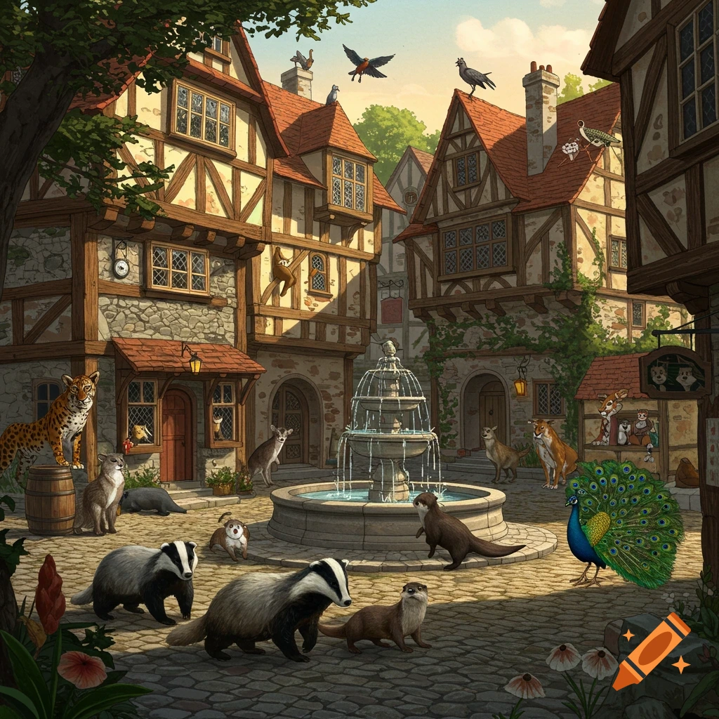 A medieval village with people, cats, and a river. on Craiyon