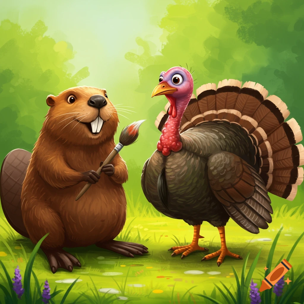 Cartoon beaver holding a paintbrush next to a turkey in a grassy field ...