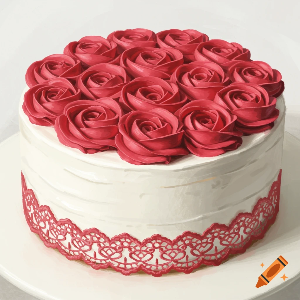 White circle cake with red frosting roses and lace trim on Craiyon