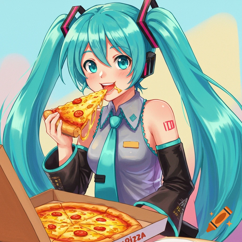 Anime illustration of Hatsune Miku eating a slice of pizza from a box ...